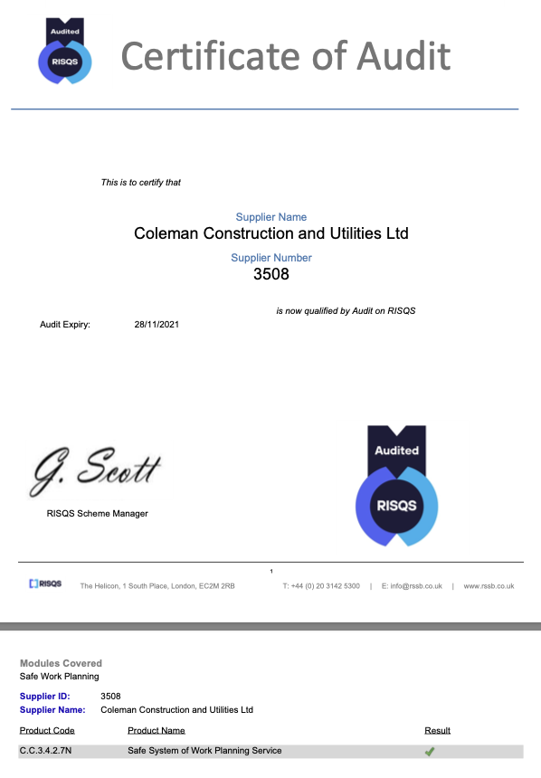 Safe Work Planning RISQS Audit Success | Coleman Construction Group